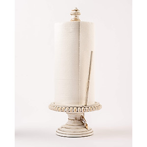 Mud Pie Beaded Wood Pedestal Bowl, White, 6" x 14" dia & 47100002 Farmhouse Washed Beaded Wood Pedestal Paper Towel Holder, 16" x 6" Dia, White, Grey
