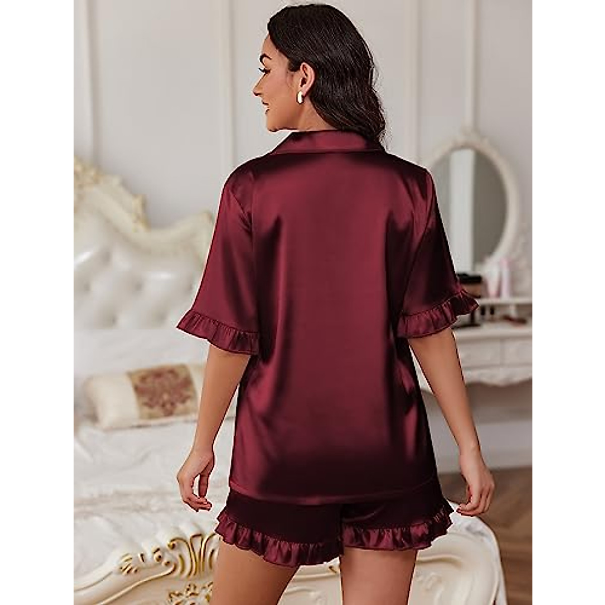 Ekouaer Plus Size Silk Pjs Women's Soft Satin Pajama Set Summer Short Nightwear Bridesmaid Pajamas Wine Red,XXL