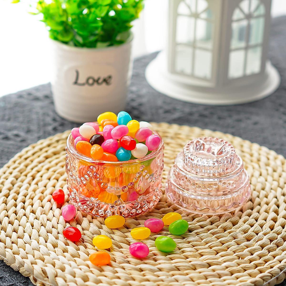 Glass Candy Dishes Decorative,Pink Cake Shaped Crystal Candy Jar with Lids,Candy Bowl with Lid, Candy Storage Food Container Jar,Candy Cookie Dish for Office Desk Wedding(2.3 Inch)