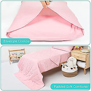 TILLYOU 5-Piece Solid Toddler Bedding Set for Boys or Girls, Bed-in-a-Bag Microfiber Comforter Set, Includes 1 Top Flat Sheet, 1 Mattress Sheets, 1 Padded Quilt and 2 Envelope Pillowcases, Pink