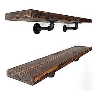 Industrial Wooden Floating Shelves - Wall Decor for Home Kitchen, Bathroom, Bedroom - Rustic Pine Custom Office Organizer with Pipe Brackets - Set of 2 - 1.5" x 7.5" x 36" - Early American