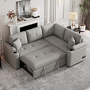 Verfur L Shaped Convertible Sectional Sofa with Pull Out Bed, Boucle Upholstery Reversible Couch with Cupholders&USB Ports, Power Sockets,4 Seater Corner Sofabed for Living Room Furniture Sets