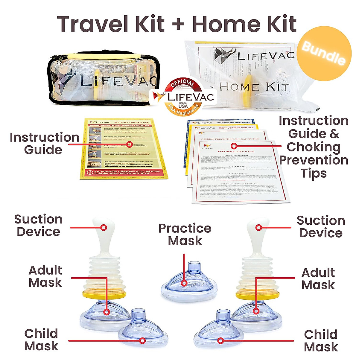 LifeVac Home & Yellow Travel Combo Kit - Portable Suction Rescue Device, First Aid Kit for Kids and Adults, Portable Airway Suction Device for Children and Adults
