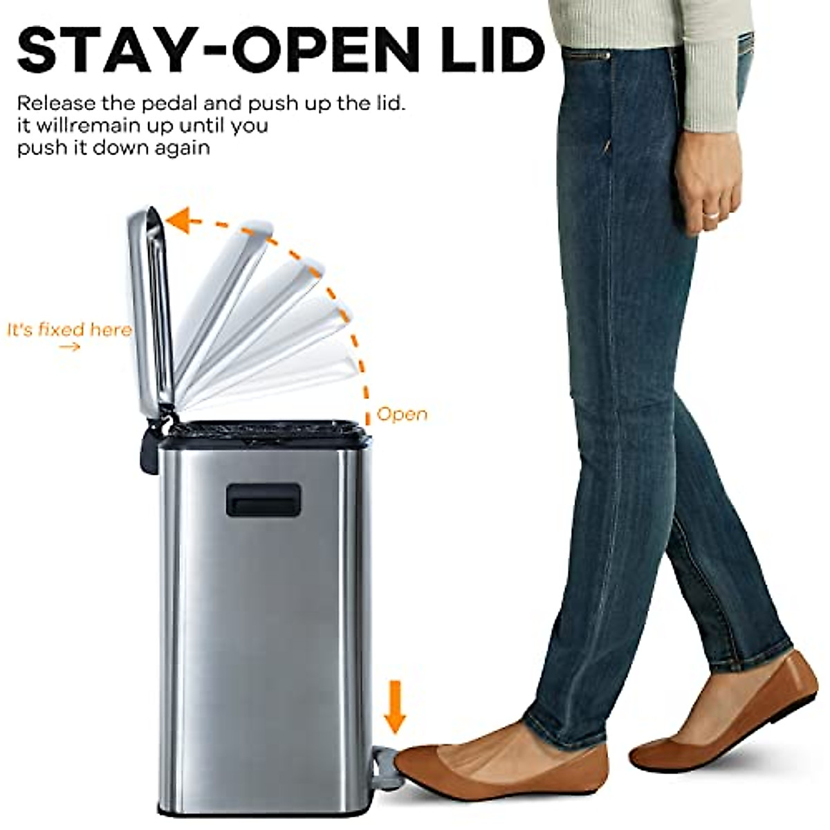 MGHH 40L Stainless Steel Rubbish Bin, Kitchen Trash Can with Lid Step Trash Bin Fingerprint-Proof Brushed Stainless Steel Trash Can for Office Bedroom Bathroom-Silver