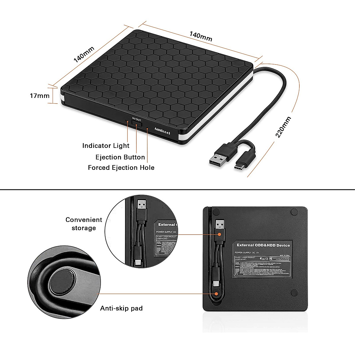 External DVD Drive, Amicool USB 3.0 Type-C CD DVD +/-RW Optical Drive USB C Burner Slim CD/DVD ROM Rewriter Writer Reader Portable for PC Laptop Desktop MacBook Mac Windows 7/8.1/10 Linux OS Apple