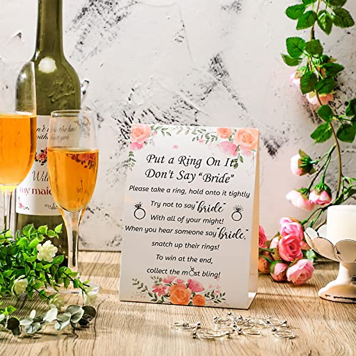 Put a Ring on It Bridal Shower Game with 50 Fake Rings, Rustic Greenery Theme Wedding Shower Games Wedding and Engagement Rings Bridal Shower Decor and Not Say Bride Rules Cards (Silver, Flowers)
