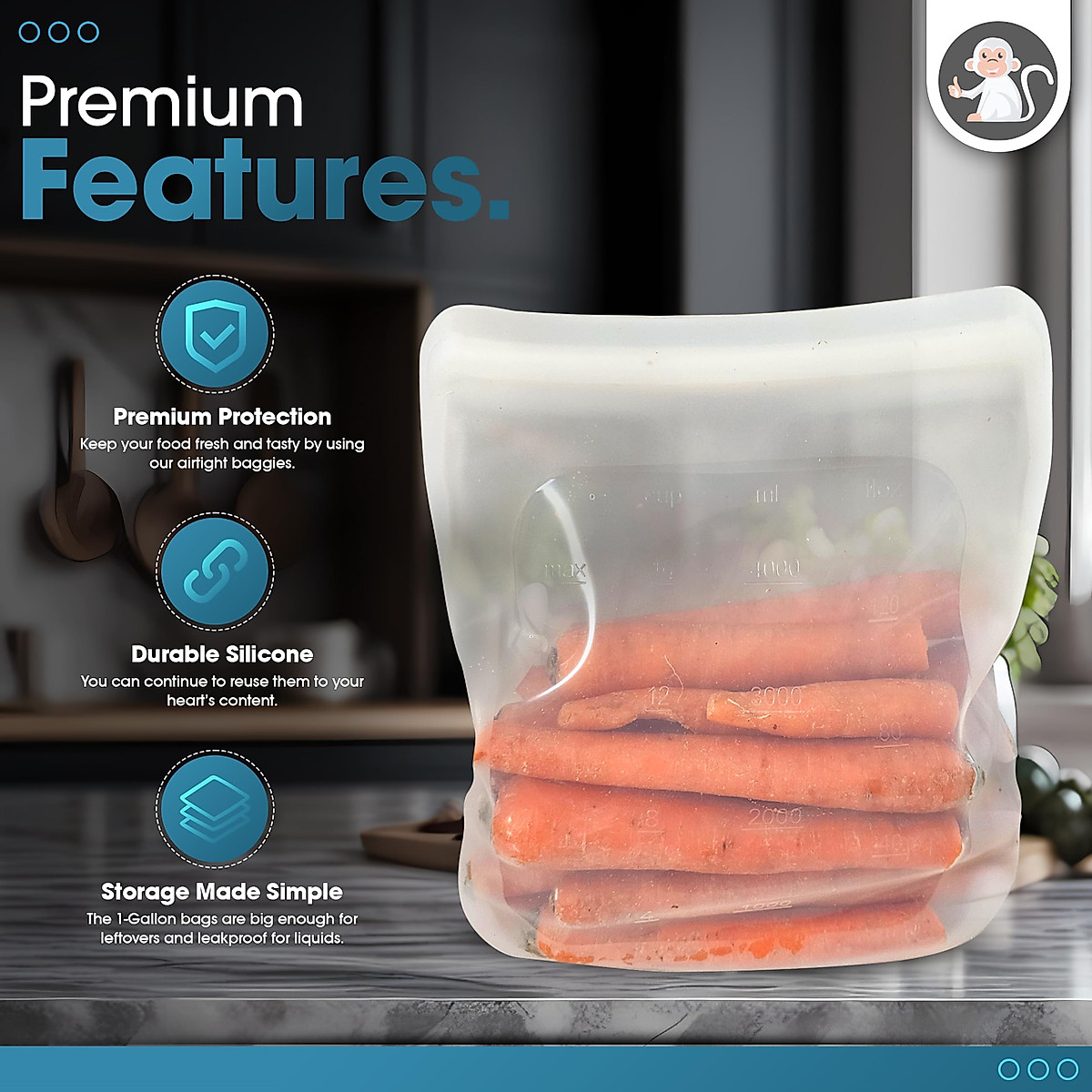 Silicone Food Storage Bag 102oz. XXL [Set of 2] Reusable Freezer Bags - Zero Waste Food and Container Lids Reusable Silicone Containers with Lid, Sous Vide, Extra Large Bags