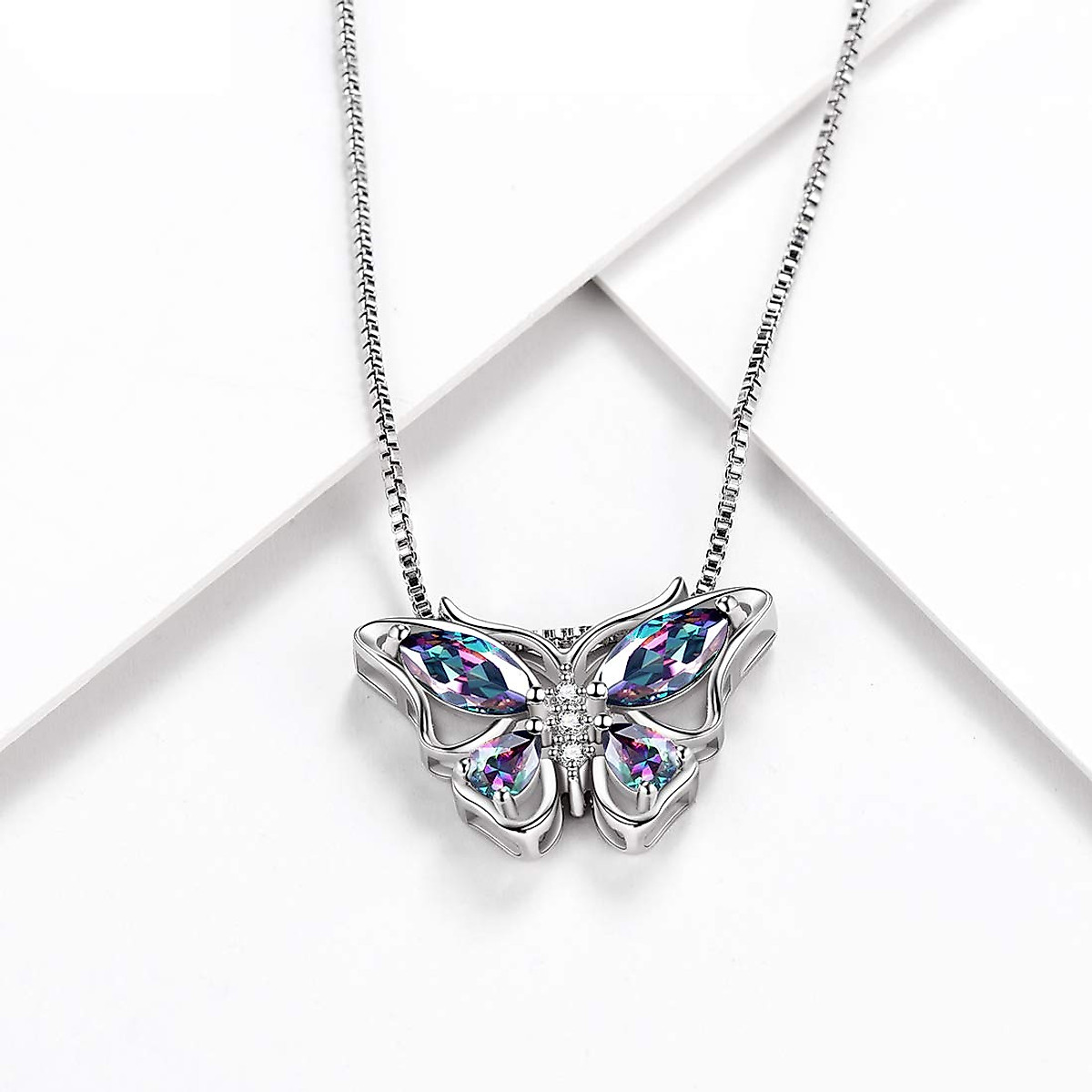 Aurora Tears 925 Sterling Silver Butterfly Necklace,Women Butterflies Birthstone Pendant Necklace for Birthday Wedding Gift
