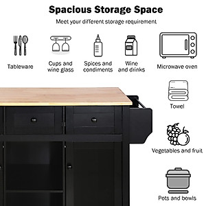 Kitchen Island Cart with Wood Drop-Leaf Top and 3 Drawers, Rolling Mobile Kitchen Island on 5 Wheels with Storage Cabinet, Internal Storage Racks, and Adjustable Shelves, 53.1 Inch Width (Black)
