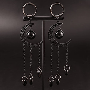 Maxbott 2PCS Fashion Black Chain Moon Earrings Plugs Tunnels Stainless Steel Pendant Ear Gauges Body Piercing Jewelry (14mm(9/16"), Black)