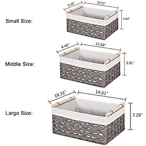 Vagusicc Woven Storage Basket, Hand-Woven Round Paper Rope Wicker Storage Basket with Cotton Liner and Wooden Handles, Wicker Baskets for Shelves Organizing & Decor, Grey, 3-Pack