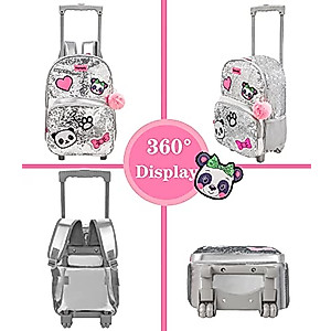 Meetbelify Girls Rolling Backpack Sequin Rolling Backpacks with Wheels for Girls for Elementary Preschool Cute Panda Roller Luggage with Lunch Box for 6-12 Girls