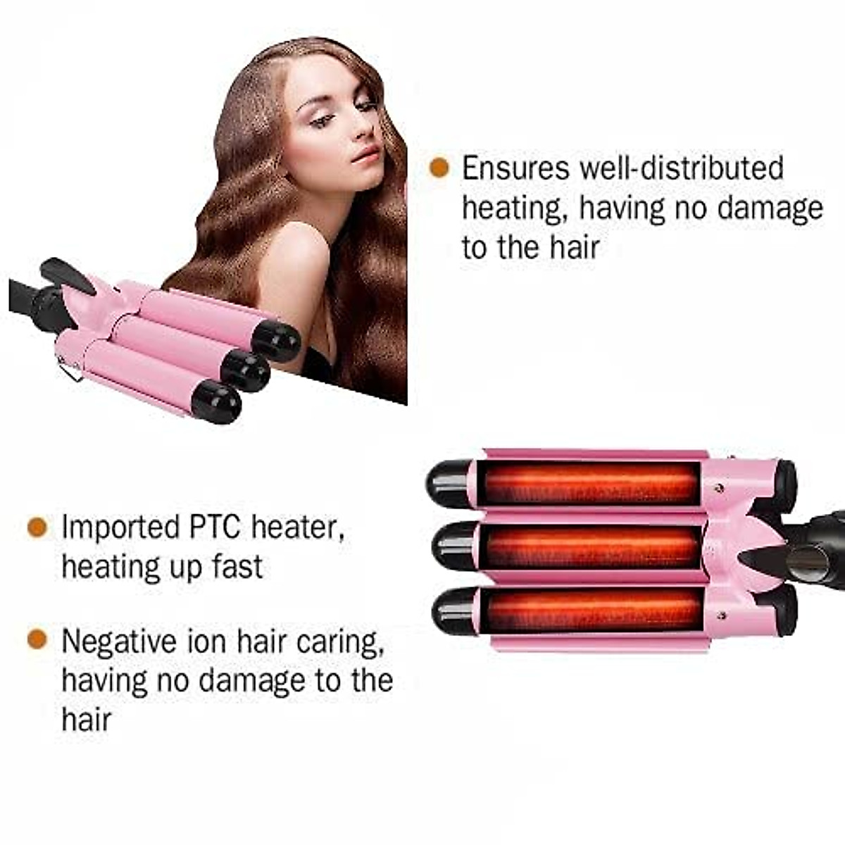 3 Barrel Hair Curling Iron Wand Temperature Adjustable 25mm Hair Waver（Pink）