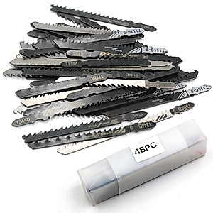 48pcs Jigsaw Blades, Contractor Assorted T Shank Jig Saw Blades Set, Multi-Purpose HCS/HSS Saw Blades for Wood, Plastic, Metal Cutting