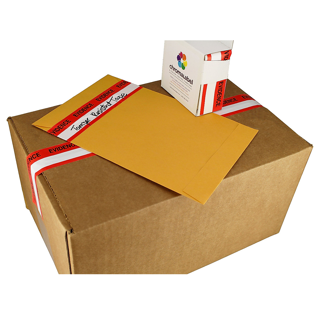 ChromaLabel 1.37 Inch Imprinted Evidence Tape Stickers, Tamper Evident Tape Crime Scene Decorations - 480 Inch Roll (13.33 Yards) with Dispenser Box, Red and White