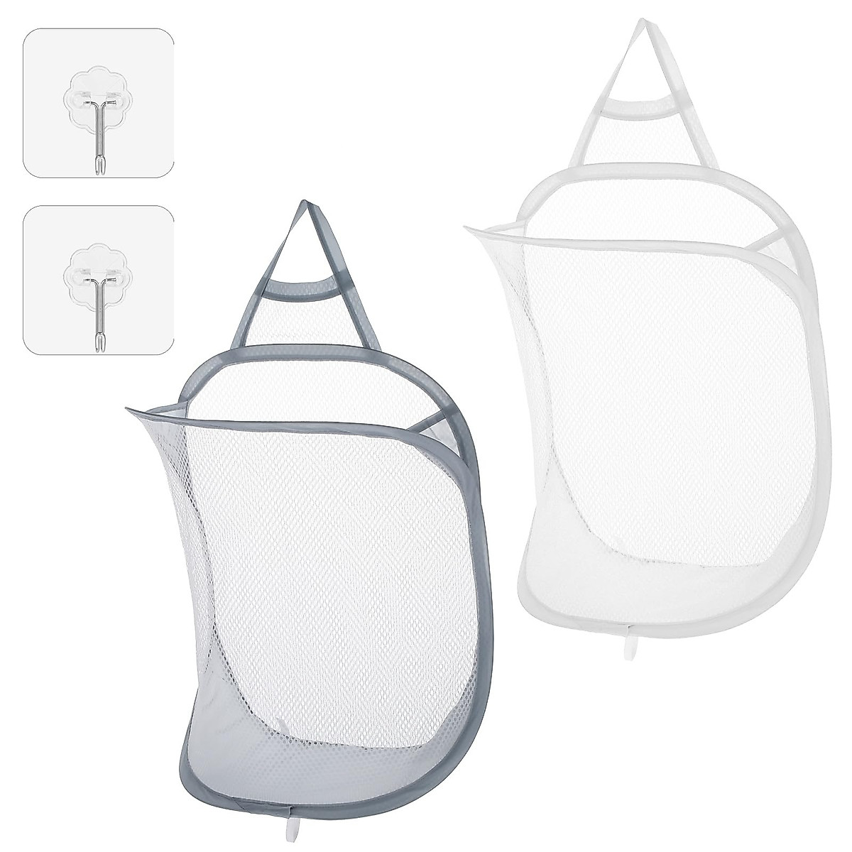 Molain Mesh Collapsible Small Wall Laundry Baskets, Hanging Laundry Hamper Hanging Clothes Hamper Baskets for Home Hotel Travel Camping University Dormitory(White+Grey)