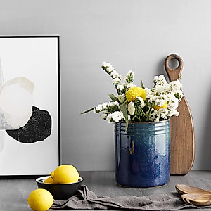 ZONESUM Kitchen Utensil Holder for Countertop, 7.2" Large Ceramic Utensil Crock with Table-Protection Cork Mat, Cooking Utensil Holder for Kitchen Decor, Starry Blue