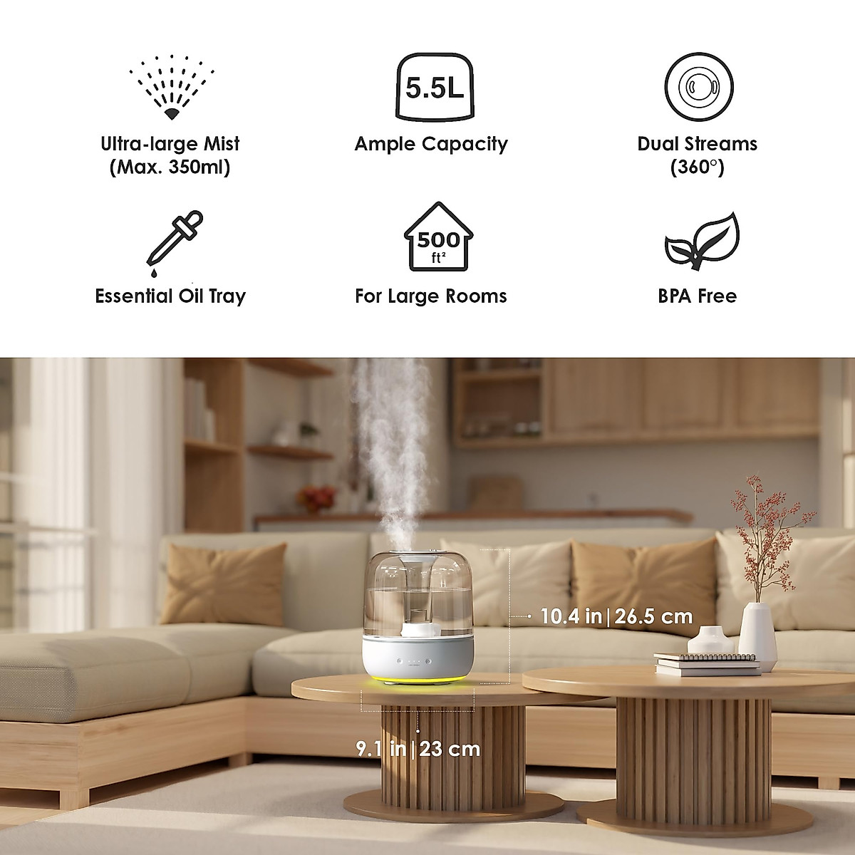 Airversa Humidifiers for Home Bedroom Large Room Smart Works with Apple Home over Thread 5.5L Cool Mist for Indoor Use App/Voice Control, Dazzling Lighting Effects (Clear, Humelle AH1)