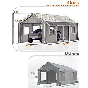 GarveeLife 13'x25'x11' Carport Oversized, Portable Garage with 180g PE Tarps, 19 Gauge Poles, 6 Roll-up Doors, and 4 Mesh Windows, Suitable for Full-Size Pickups Bass Boats, Tractors, and SUVs, Gray