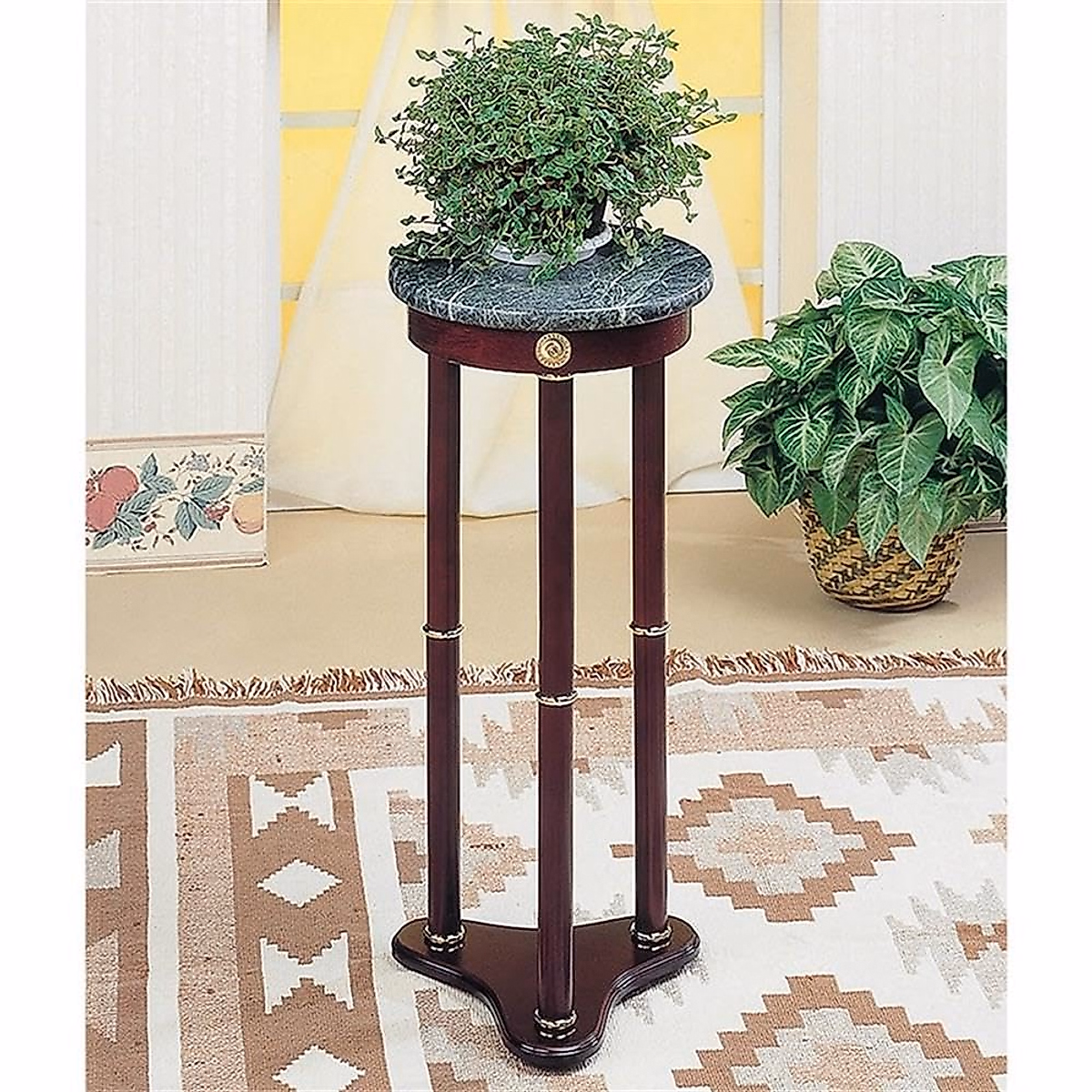 Bowery Hill Traditional 12" Round Marble Top Plant Stand/3-Legged Solid Wood Accent Table in Merlot and Green