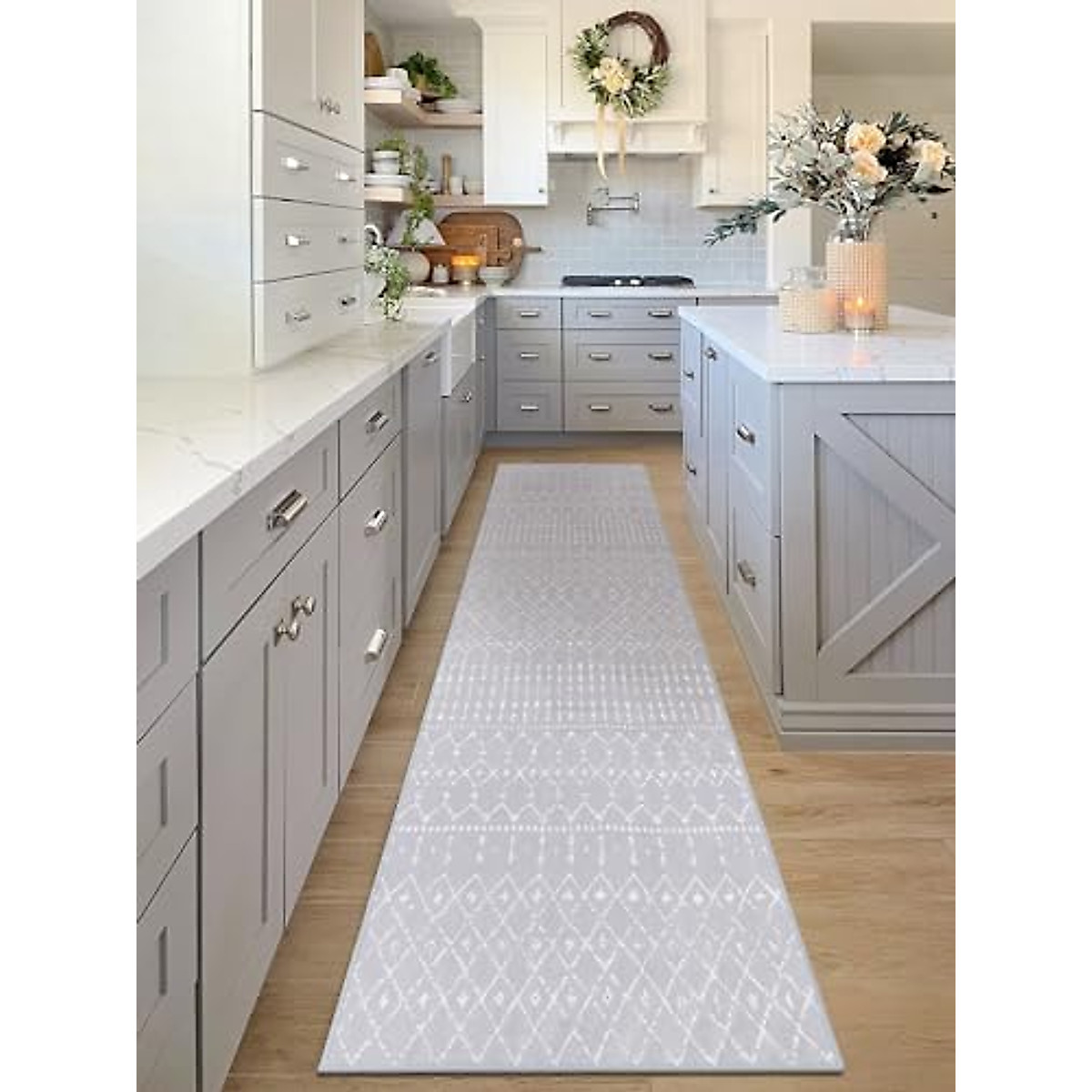 LIVEBOX Washable Grey 2.5x8 Runner Rug Non-Slip for Entryway, Neutral Moroccan Kitchen Rug Long Hallway Rug Runner, Boho Geometric Low-Pile Carpet Throw Rug for Bathroom Laundry Room