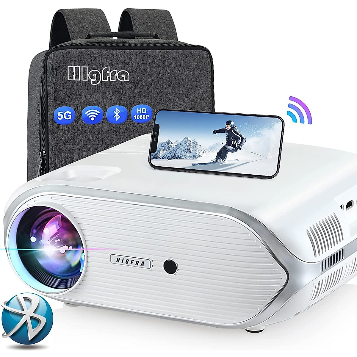 Projector with 5G WiFi and Bluetooth JIFAR 480 ANSI 16000L Native 1080P Outdoor Movie Projector 4k Support,Auto 6D Keystone&50% Zoom,Portable Smart Home LED Video Projector for Phone/PC