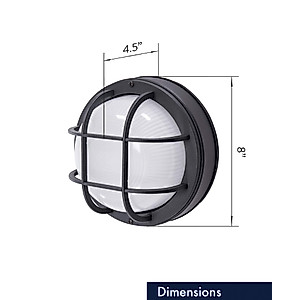 CORAMDEO Outdoor 8” Round LED Nautical Bulkhead Light, Flush Mount for Wall or Ceiling, Wet Location, 75W of Light, 900 Lumens, 3K, Black Cast Aluminum with Frosted Glass Lens