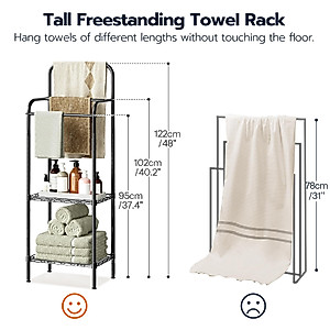 HOOBRO 48" Tall Free Standing Towel Rack for Bathroom, 3 Tier Blanket Rack with 2 Adjustable Shelves, Pool Towel Drying and Display Rack, Quilt Rack, for Living Room, Bedroom, Outdoor, Black BK23LB01