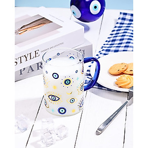 Nefelibata Evil Eye Glass Coffee Cup with Handle 16oz Glass Can for Hot/Cold Beverages Cappuccino Latte Espresso Beer Hamsa Blue Evil Eye for Protection Tumbler Mug Heat-Resistant and Freezer Safe