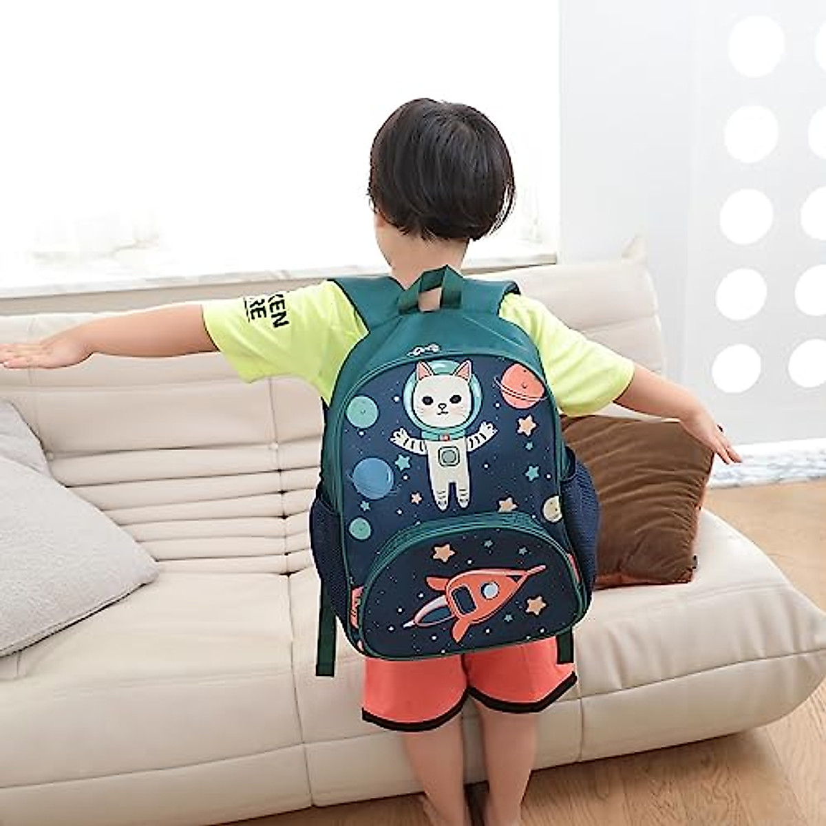 BTOOP Kids Backpack for Preschool Boys Space Kindergarten Bookbag 15 inch Toddler Travel School Bag Fits Age 3-8 (Space cat-Green)