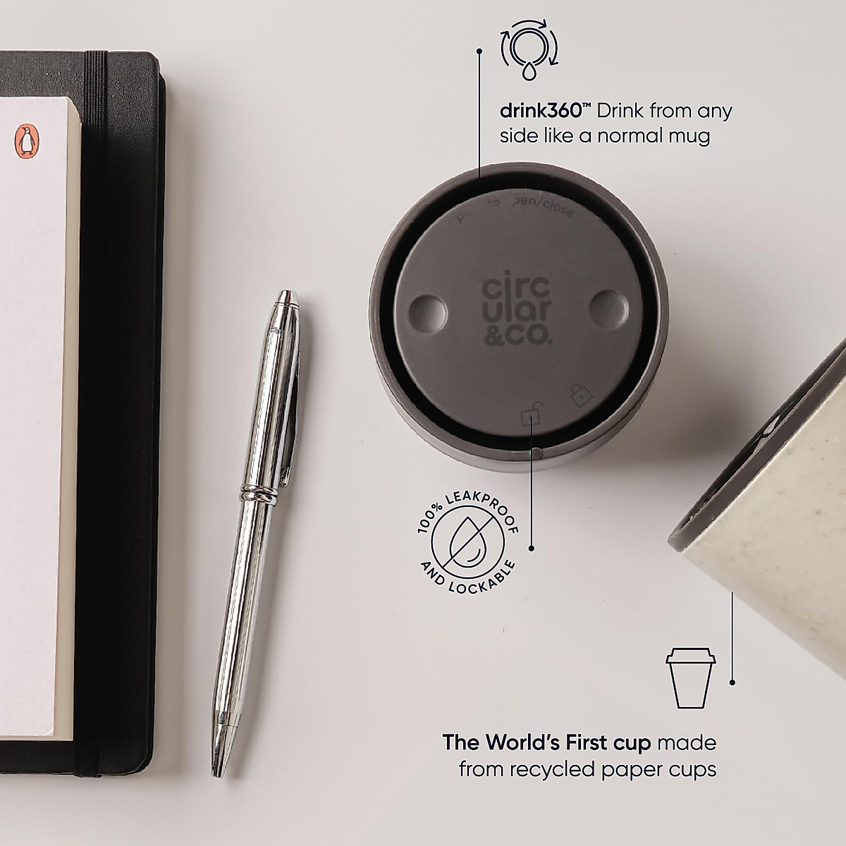 Circular & Co Insulated Reusable Coffee Cup - 8oz/227ml - Small Travel Mug - 100% Leakproof & Lockable - Push Top, One Hand Open, 360 Drinking Coffee Tumbler - Recyclable - BPA Free, Dishwasher Safe