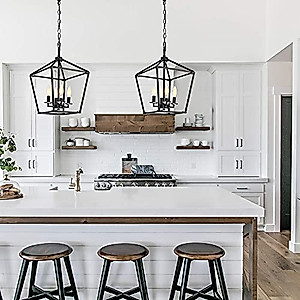 Untrammelife 4-Light Black Lantern Pendant Light, Adjustable Height Square Cage Pendant Hanging Lighting Fixture 11’’ Rustic Lantern Chandelier for Dining Room Kitchen Island Foyer