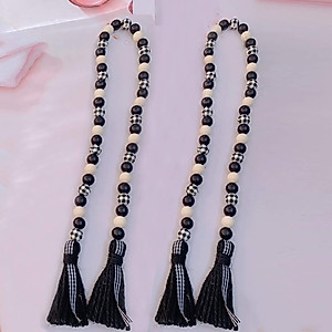 36 inch Wood Bead Garland with Jute Rope Plaid Tassel Tiered Tray Decoration Farmhouse Rustic Beads Natural Wood Beads Decor for Home Garden Holiday Party Hanging Ornament Black