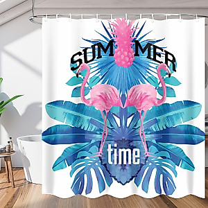 Aglebo Watercolor Tropical Flamingo Palm Leaves Shower Curtain Fabric Shower Curtain Set with 12 Hooks Water-Proof 72 * 72 Inches for Bathroom Beach Caravan Hotel