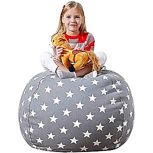 Aubliss Stuffed Animal Bean Bag Storage Chair, Beanbag Covers Only for Organizing Plush Toys, Turns into Bean Bag Seat for Kids When Filled, Large 38"-Canvas Stars Grey
