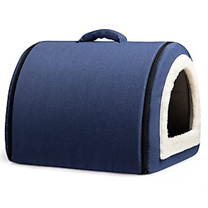 Hollypet Linen Cat Bed, Self-Warming 2 in 1 Foldable Cave House Animal Shape Nest Pet Sleeping Bed, Blue