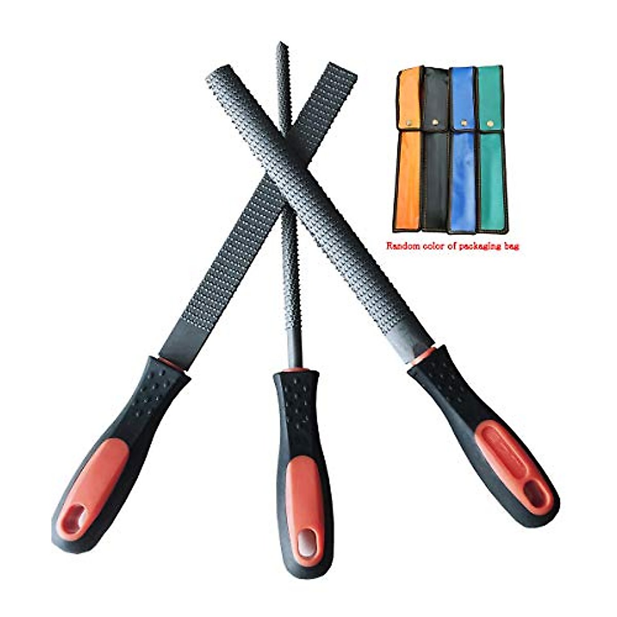 YCAMMIN 8" Wood Rasp File Set with Rubber Grip - Includes Hand Cut Round, Half-Round, and Flat Rasp File Kit - Curved and Flat Tools(3 Pcs) The Color of Packing Bag is Random