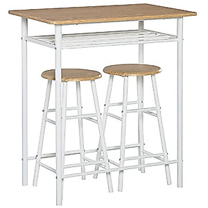 HOMCOM 3 Piece Counter Height Bar Table and Chairs Set, Space Saving Dining Table with 2 Matching Stools, Storage Shelf Metal Frame Footrest, White, Oak