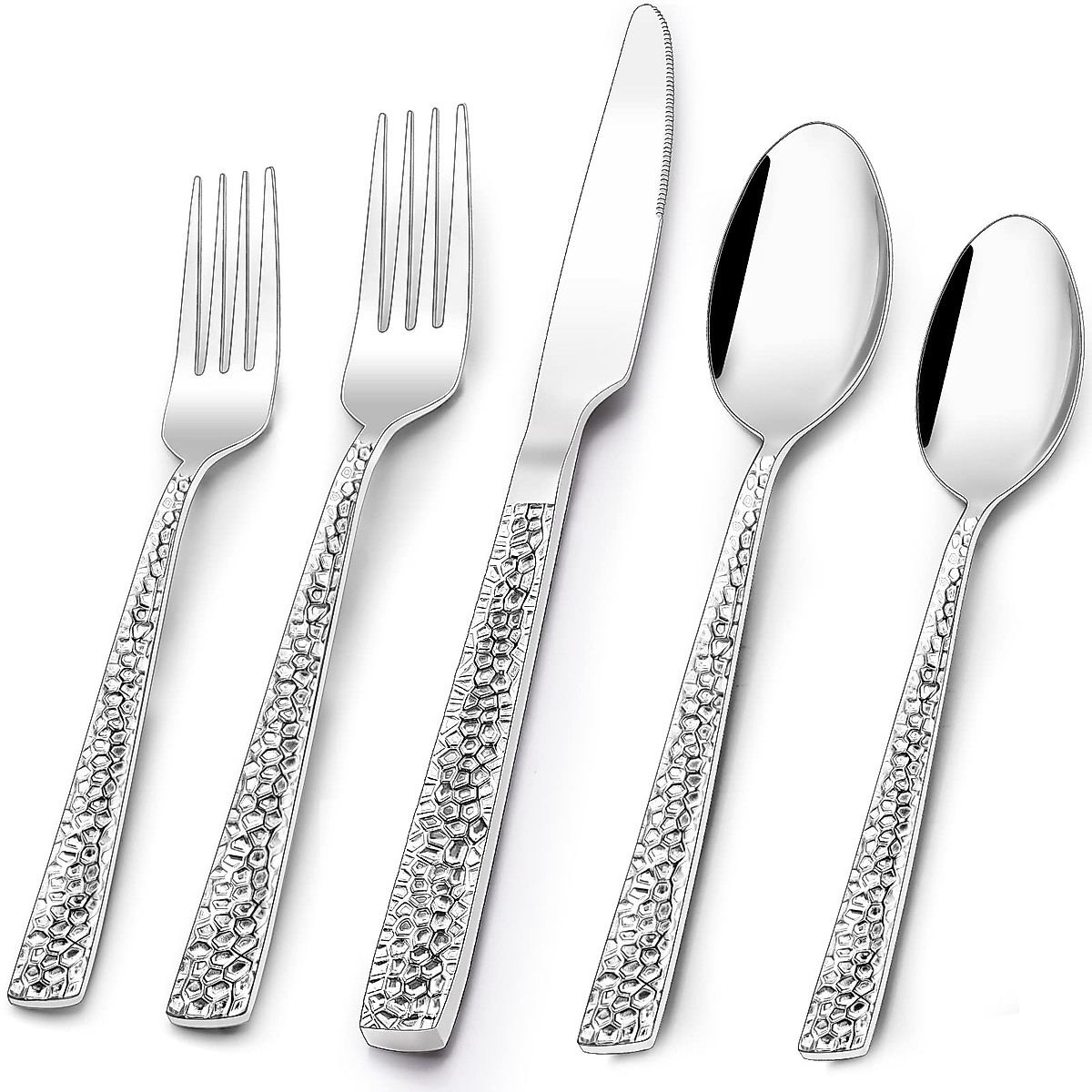 Paincco 60-Piece Hammered Silverware Set for 12, Stainless Steel Square Flatware Cutlery Set, Eating Utensils Sets Include Knife Fork Spoon, Modern Design & Mirror Polished - Dishwasher Safe