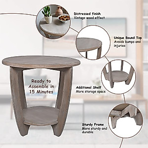 COZAYH Rustic Farmhouse end Table with Storage Shelf, French Country Accent Side Table for Family, Dinning or Living Room, Small Spaces, Modern, Round, Vintage Grey Finish.