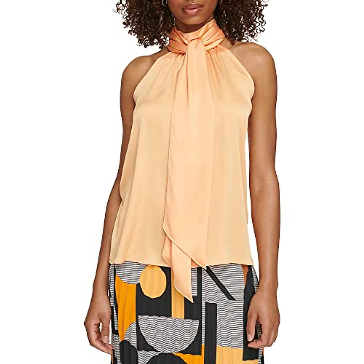 Karl Lagerfeld Paris Women's Halter Front Tie Sleeveless Blouse, Apricot, Large