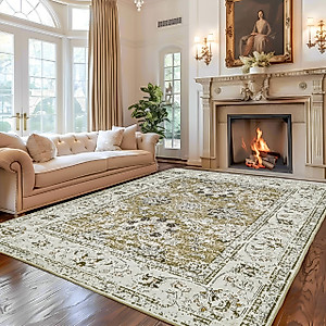 Andency 5x7 Area Rug for Living Room, Olive Green Washable Vintage Boho Bedroom Rug, Non-Slip Stain Resistant Door Mat, Retro Printed Indoor Home Decor Rug for Dining Room Kitchen