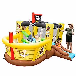 Doctor Dolphin Bounce House Inflatable Slide with Obstacles - Blower - Pirate Ship Theme - Ball Pit - Basketball Hoop, Inflatable Bouncers for Toddlers Kids 2 - 12 Outdoor or Indoor