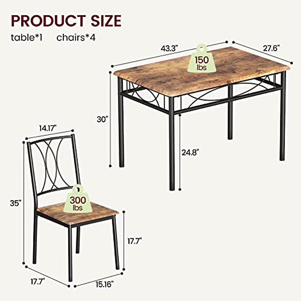 IDEALHOUSE Kitchen Table Set for 4, Dining Table and Chairs, Rectangular Dining Room Table Set with 4 Metal and Wood Chairs, 5 Piece Dining Table Set for Small Space, Apartment, Rustic Brown