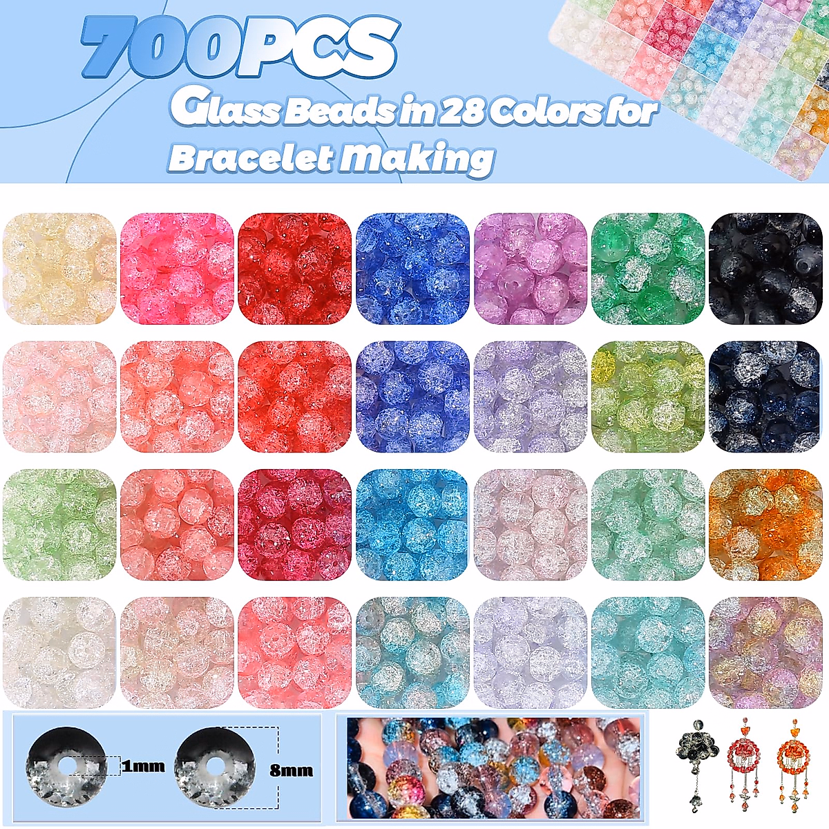 700pcs Crack Glass Beads for Jewelry Making -AIXPROBEAD 8MM Beads Bracelet Making Kit with Crystals, Charms, and Friendship Bracelet Beads - Jewelry Making Supplies for Adults and Girls