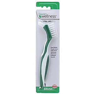 Family Wellness Denture Cleaning Brush, Dual Bristle Heads, with Deep Clean Pick, Assorted Colors