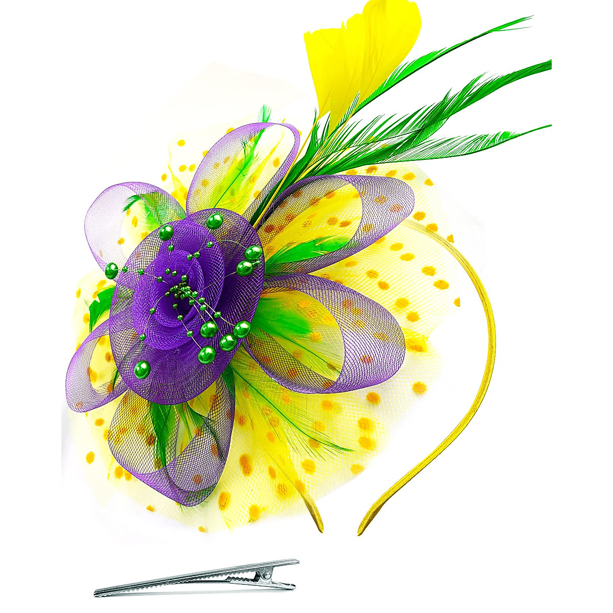Bniksok Mardi Gras Fascinators for Women Tea Party Hat Yellow Purple Green Headband