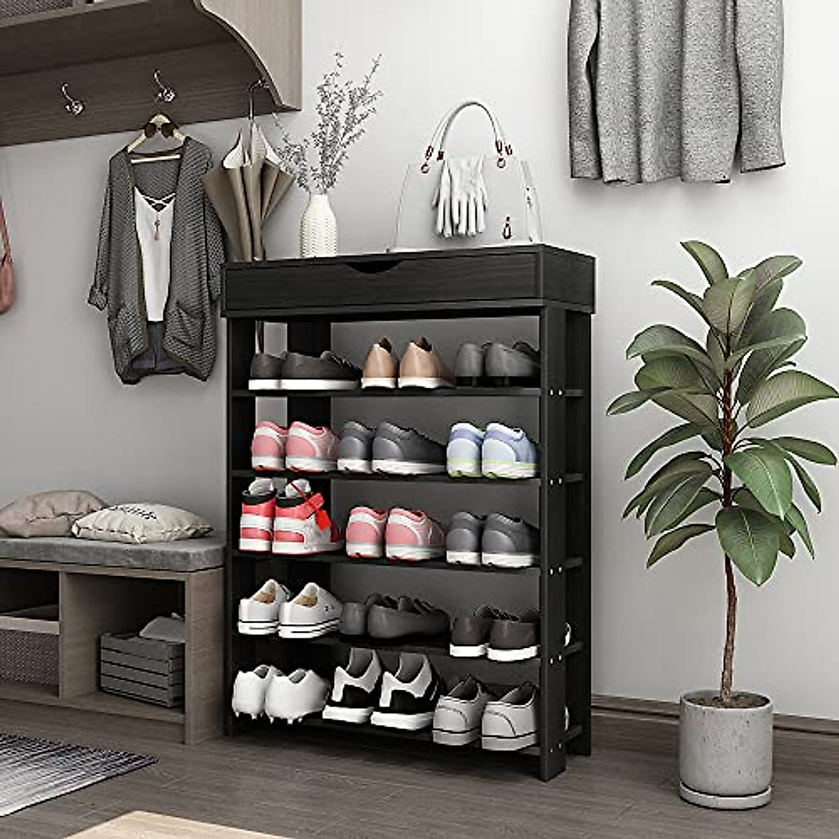 soges 5-Tier Free Standing Shoe Rack, 29.5 inches Wooden Shoe Shelf, Entryway Shoe Organizer Storage Cabinet, Black