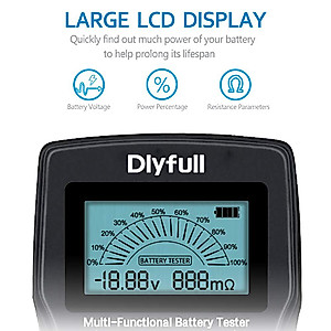 Dlyfull Universal Battery Tester with LCD Display, Small Digital Battery Voltage Resistance Checker for Ni-MH, Ni-CD, Li-ion, Alk & LiFe04 Batteries(AA AAA C D 9V 12V 18650 CR123A 2CR5 CR2032 Cells)