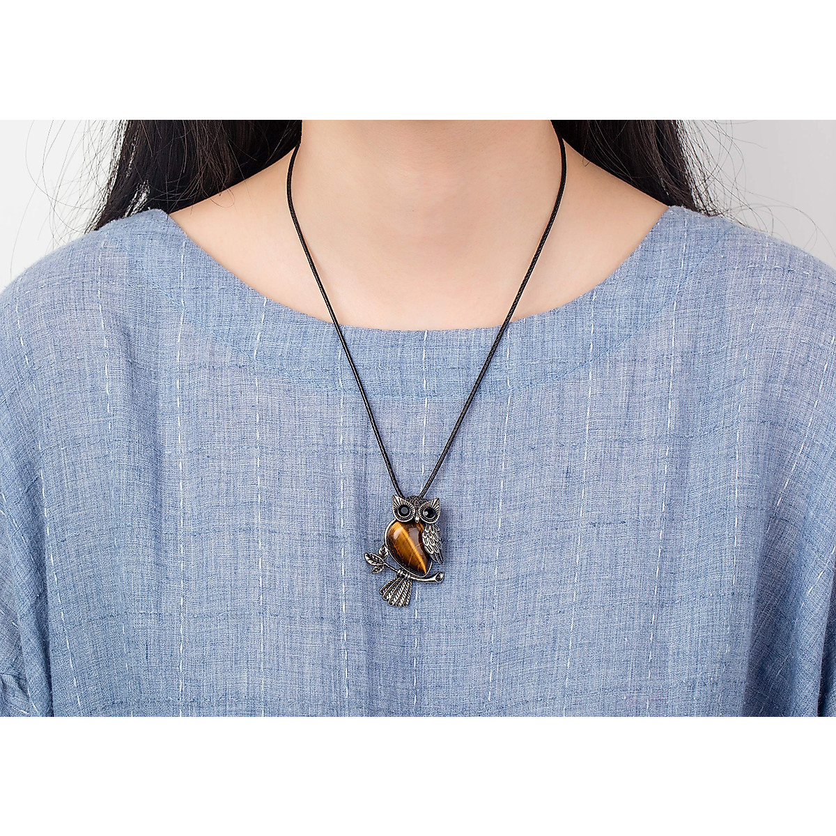 Softones Owl Necklace Healing Crystals Necklace for Women Men Reiki Spiritual Energy Gemstone Necklace Lava Owl Bracelet Set Gifts for Women with Gift Box